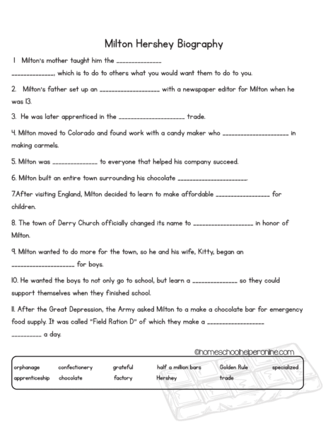 Milton Hershey Biography Worksheet – Homeschool Helper Online